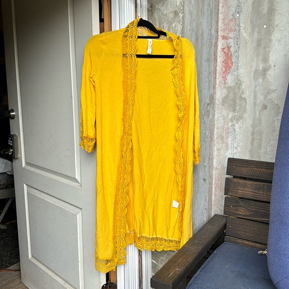 Sweaters | Yellow Womens Cardigan Sweater Lace Like Crocheted Trim ...